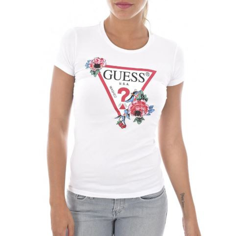 GUESS dámské bílé tričko s trojúhelníkem a květinky | sixty.cz